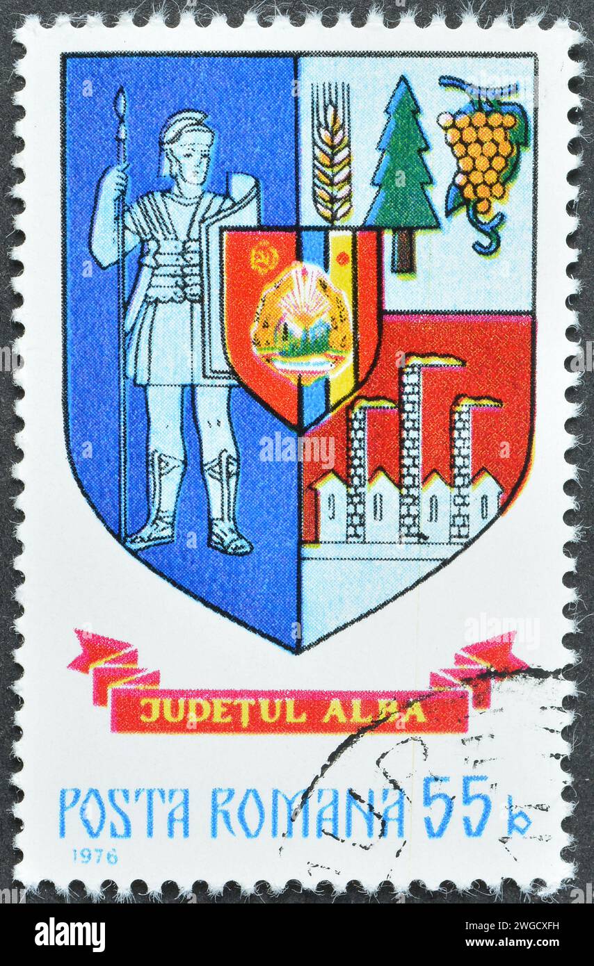 Cancelled postage stamp printed by Romania, that shows Coat of arms of ...