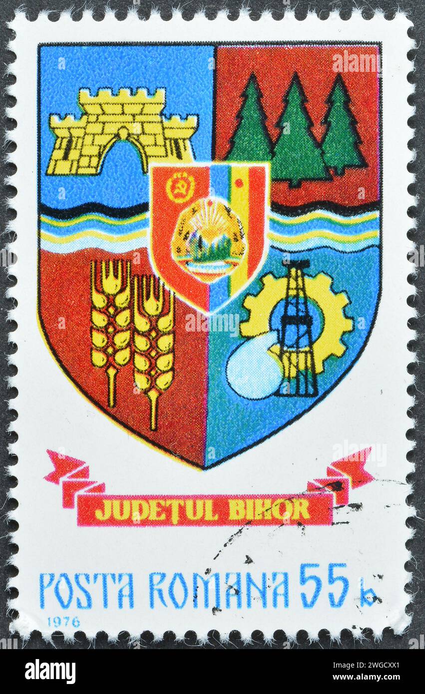 Cancelled postage stamp printed by Romania, that shows Coat of arms of ...
