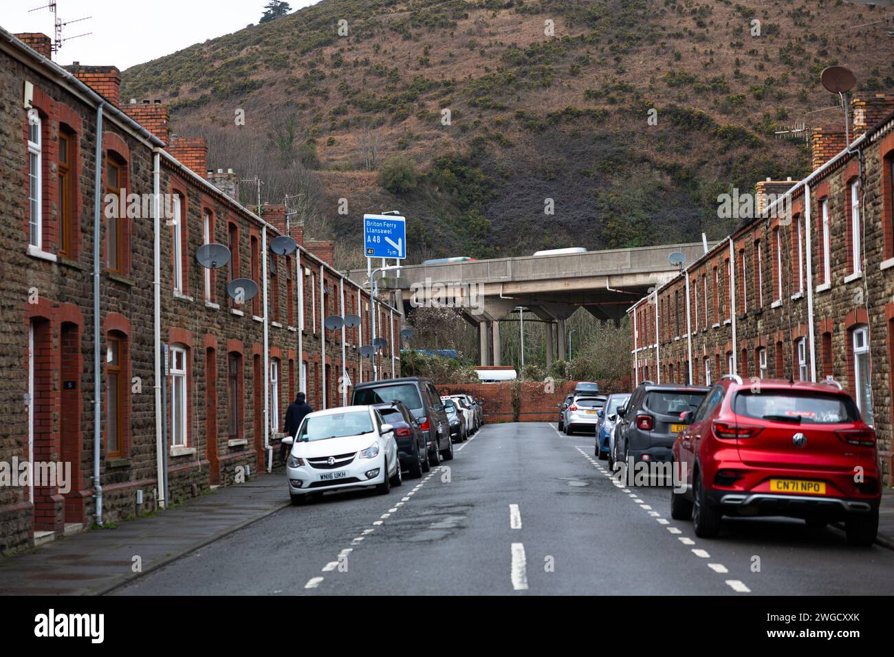 M4 Motorway at Port Talbot showing Junction 41 off slip sign for Briton ...