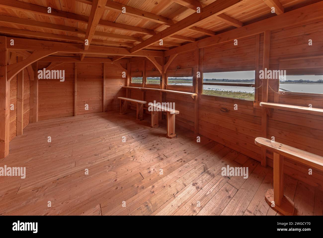 Bird oberservation hide interior in La Brenne Nature reserve France ...