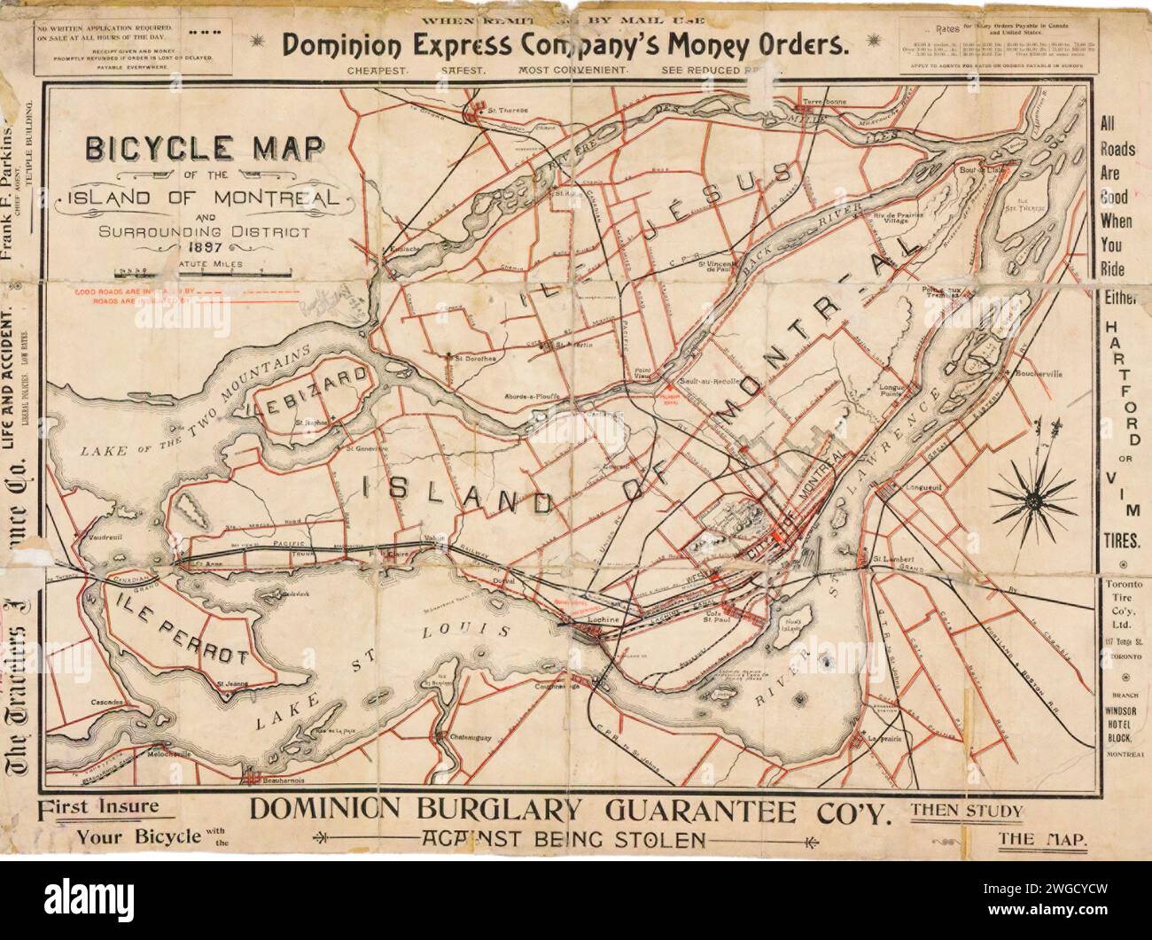 Vintage 1897 map, in bad shape, showing the then Bike Route of Montreal ...
