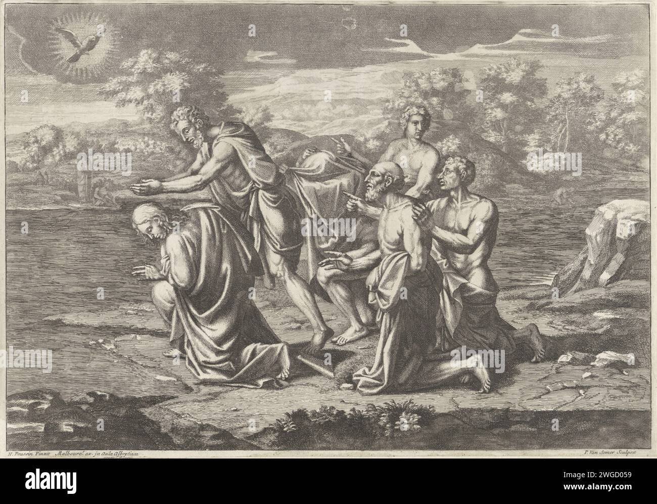Baptism of Christ in the Jordaan, Paul van Somer (II), After Nicolas Poussin, 1670 - 1697 print ...
