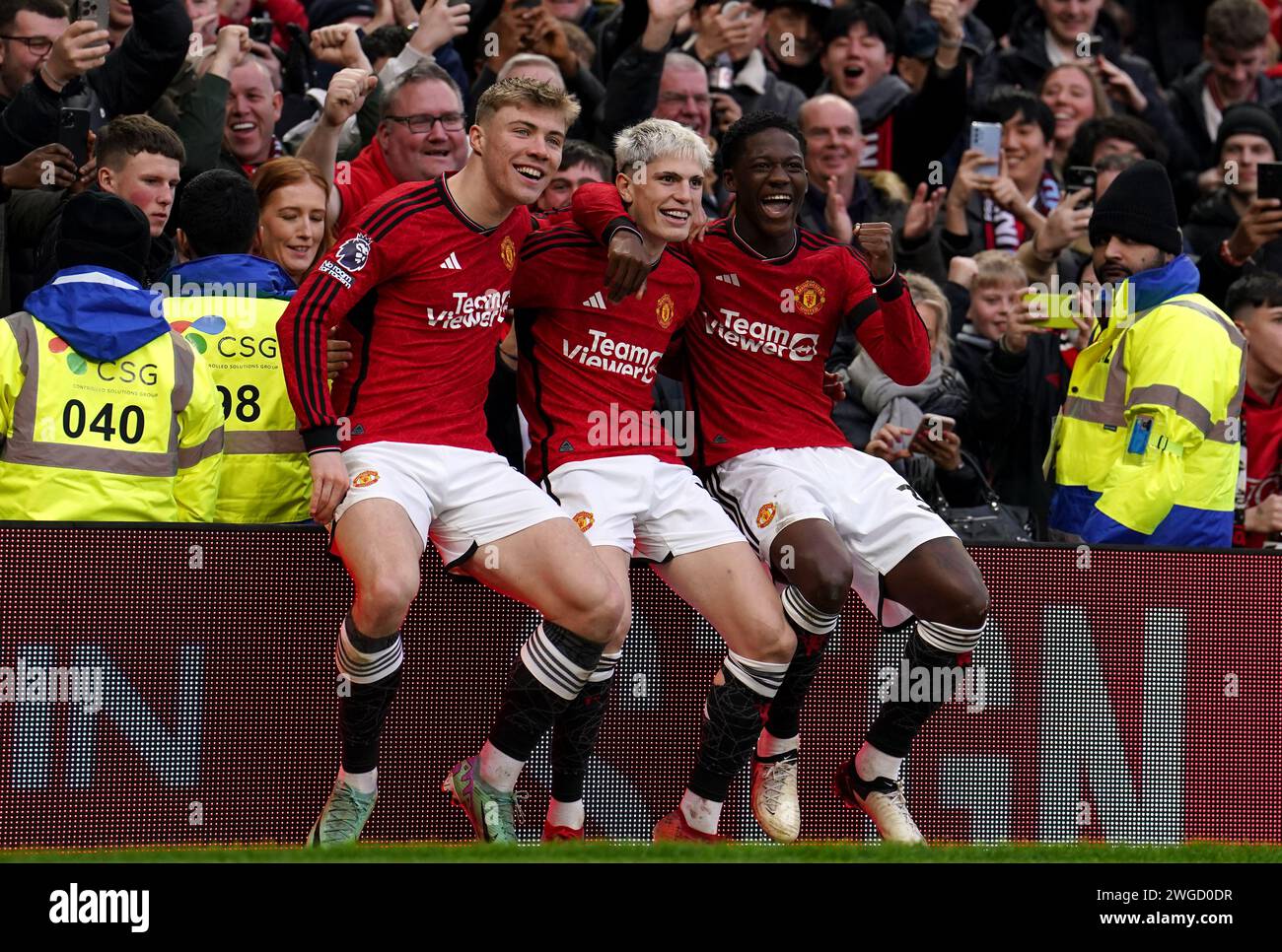 Manchester United's Alejandro Garnacho (centre) celebrates with Rasmus ...