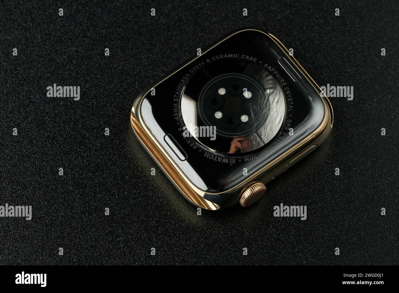New York, USA - January 31, 2024: Apple watch series 8 sensor back side ...