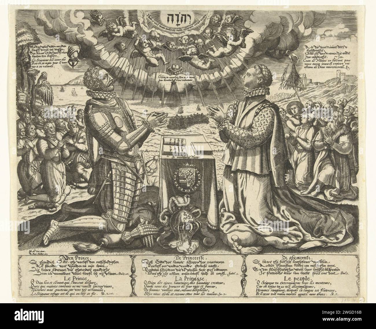 Willem van Oranje and Charlotte van Bourbon kneeling in landscape ...