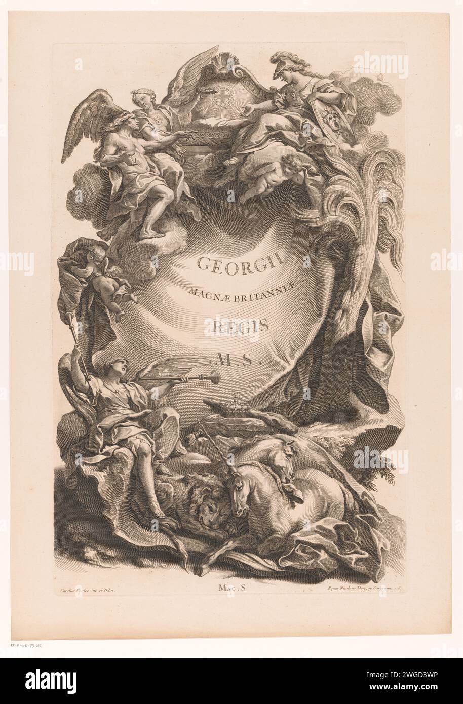 Crown on a pillow surrounded by an angel, putti, a unicorn, minerva and ...