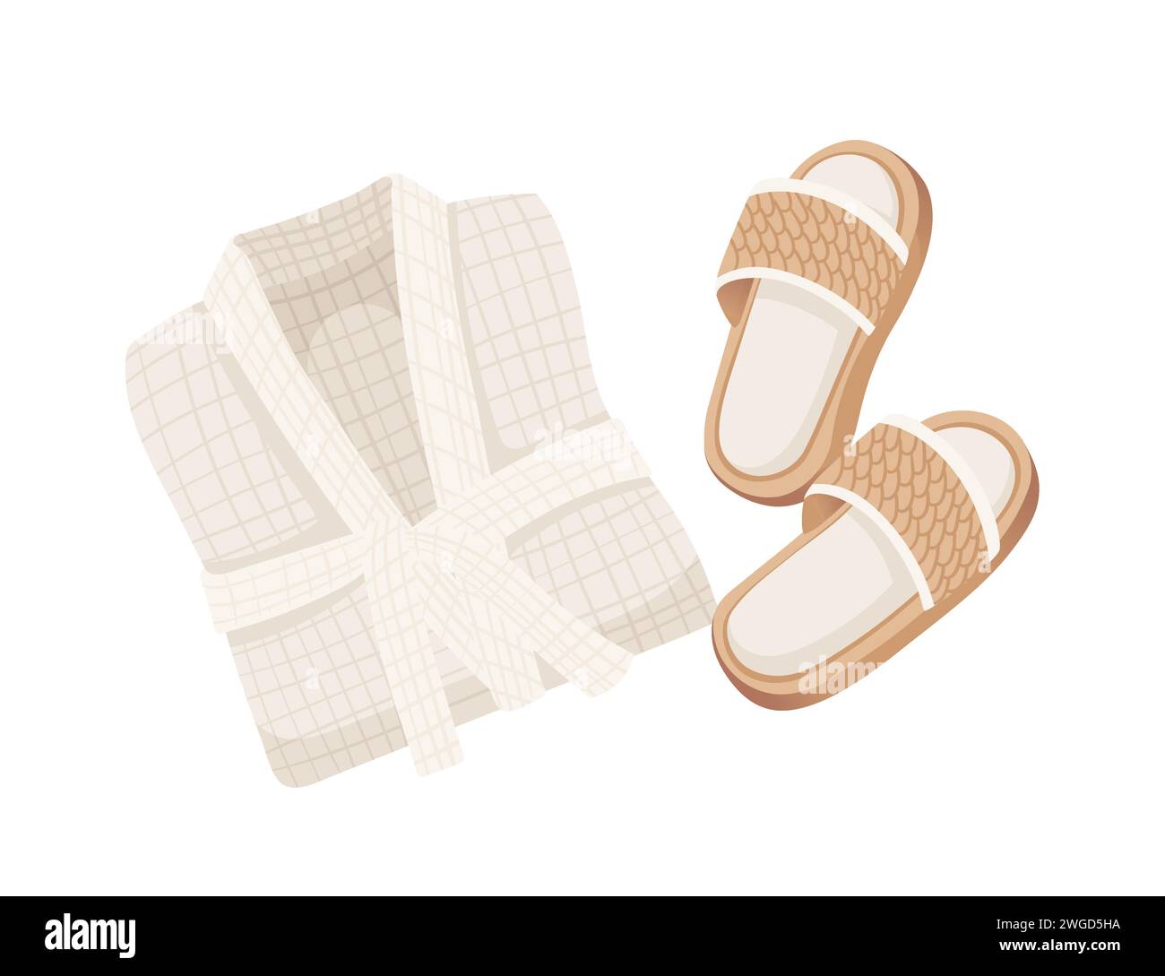 White soft robe and wooden slippers for spa vector illustration isolated on white background ...