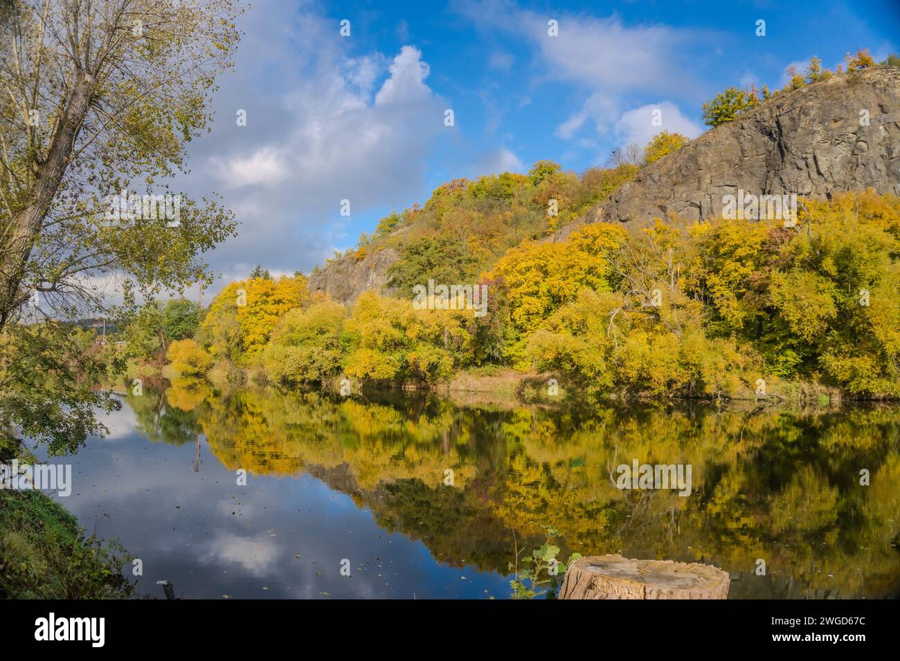 Beautiful views of the autumn river Berounka forest and mountains ...