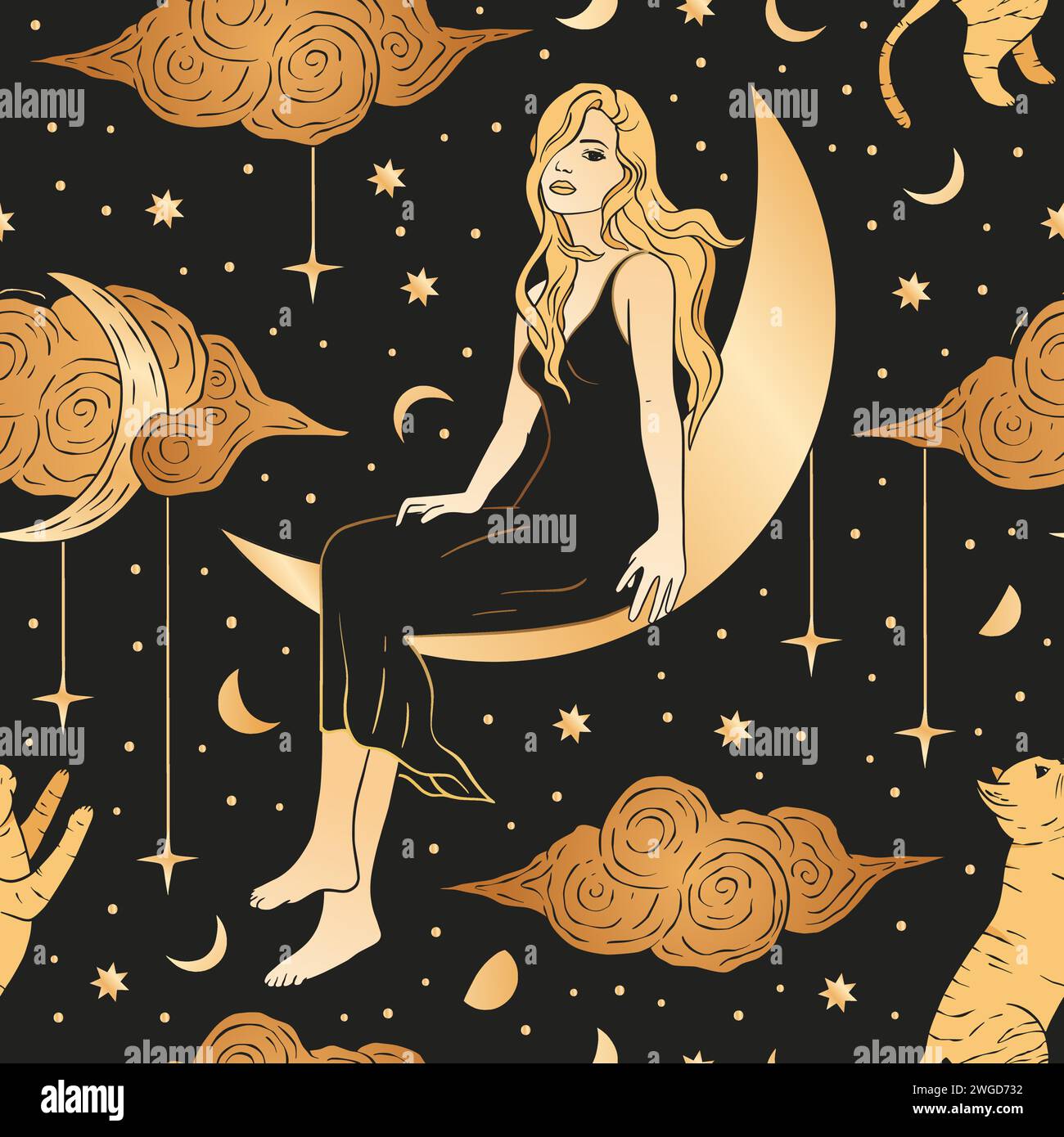 Beautiful Blonde Woman With Sitting On a Moon Magic Celestial Golden ...