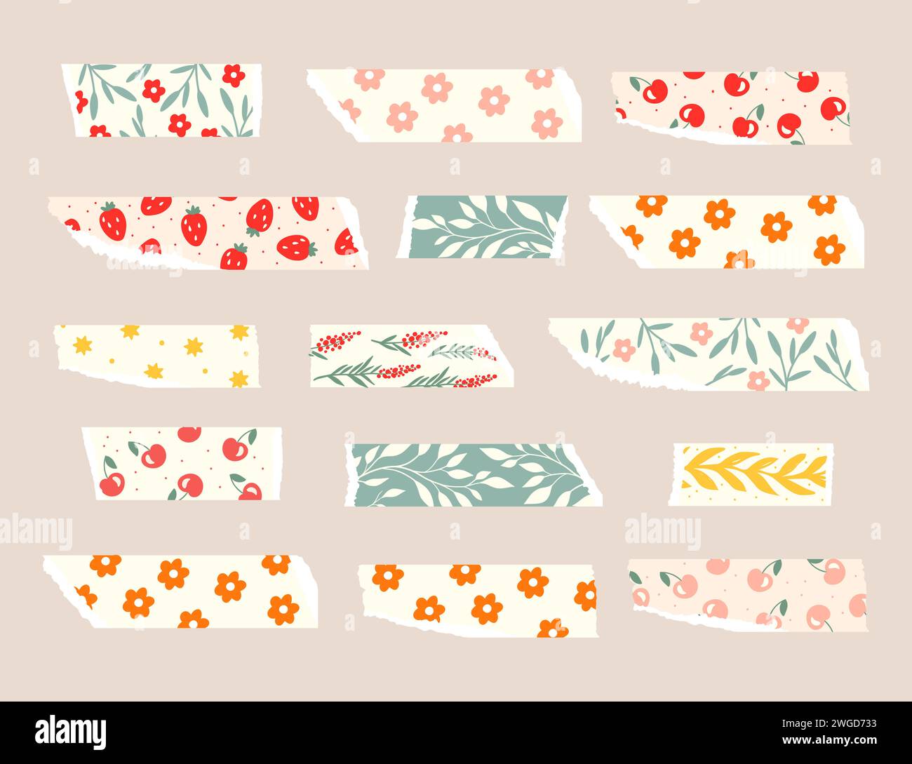 Cute Tape Strip Washi Flower Ripped Paper Collection. Scrapbook Floral ...