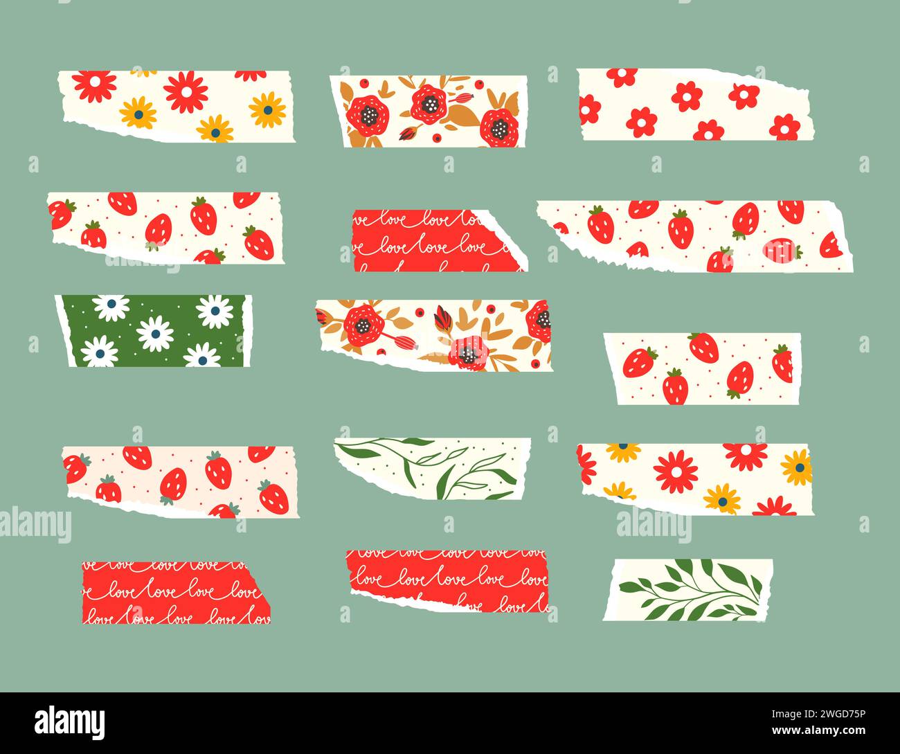 Cute Tape Strip Washi Ripped Flower Paper Collection. Scrapbook Floral ...