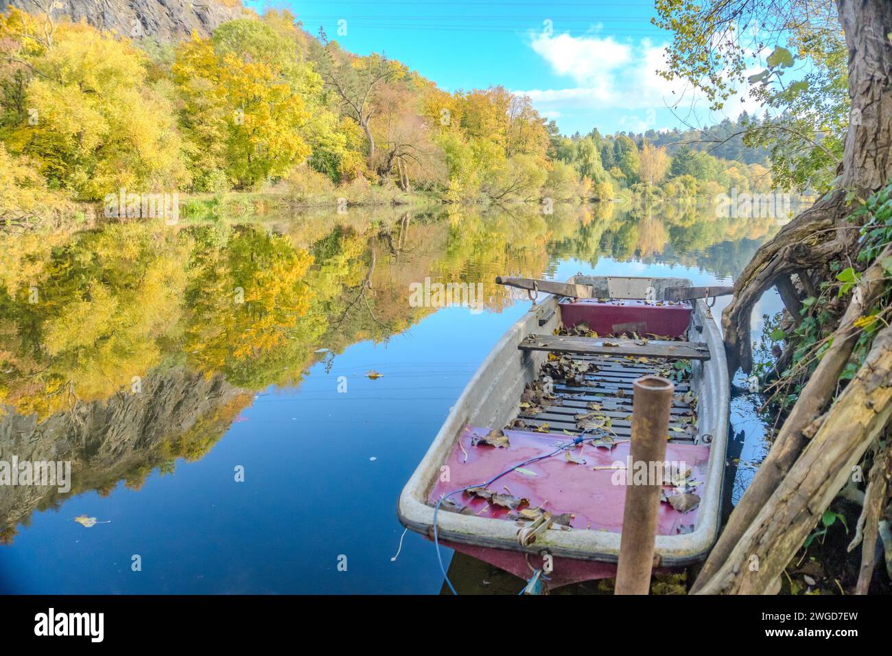 Beautiful views of the river Berounka a Wooden boats in the autumn ...