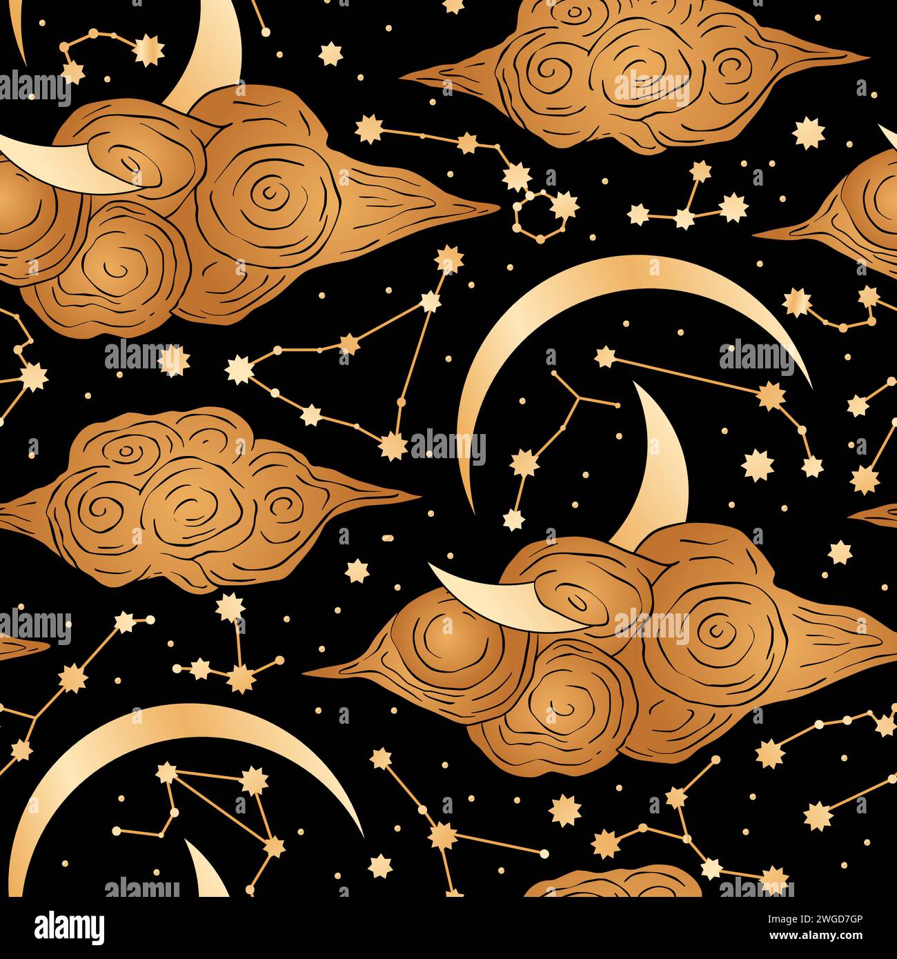 Moon Cloud Dark Starry Night Golden Magic Constellation Astronomy Astrology Star Seamless ...