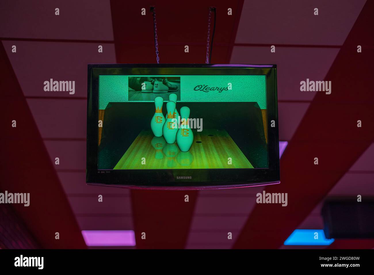 Close-up perspective on the game status screen in a bowling center ...