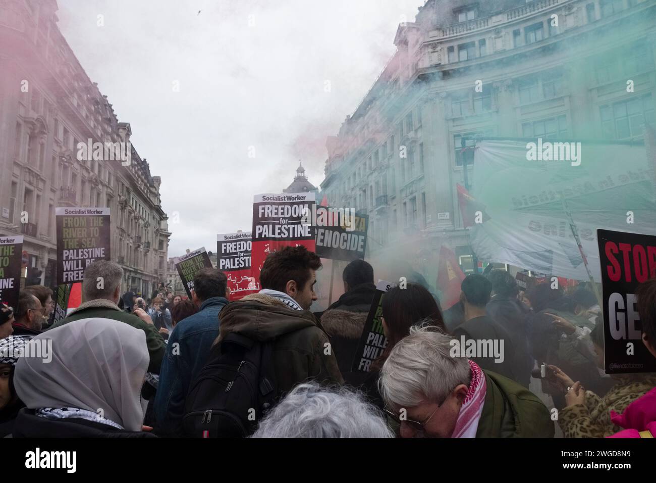 London, UK - 3 Feb 2024 - Protestors with smoke flares at Oxford Circus ...