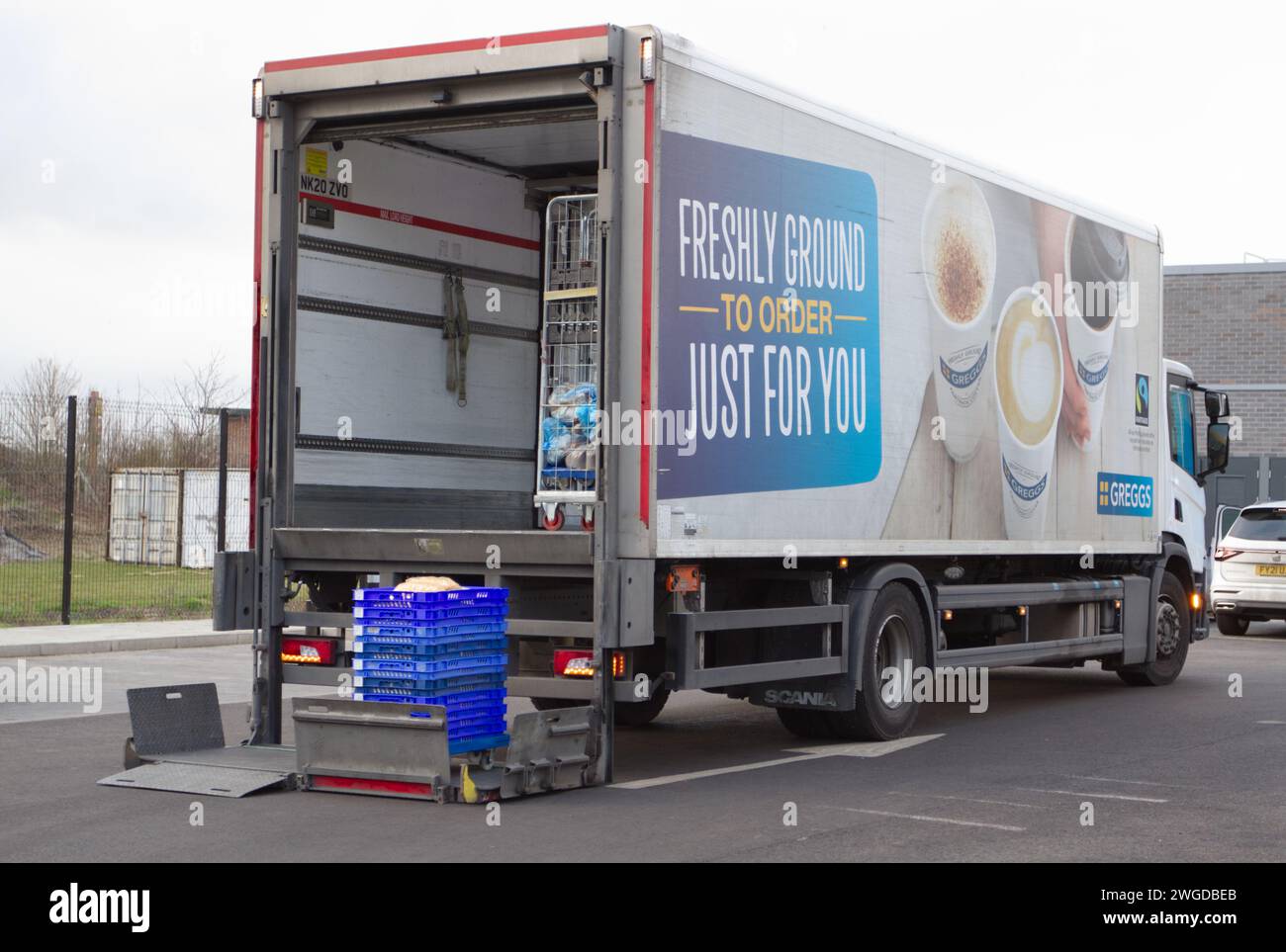 Greggs lorry making a delivery at the drive-in outlet just off the A12 ...