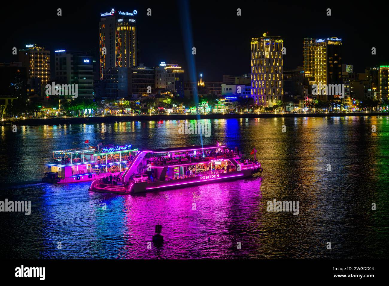 Tourist boats on the river Han at night, Da Nang, Vietnam Stock Photo ...