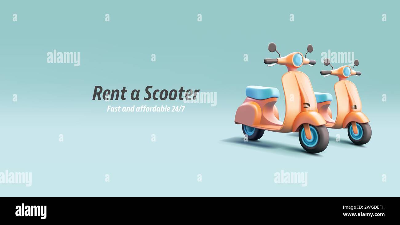 Rent a scooter service banner with 3d realistic render cartoon ...