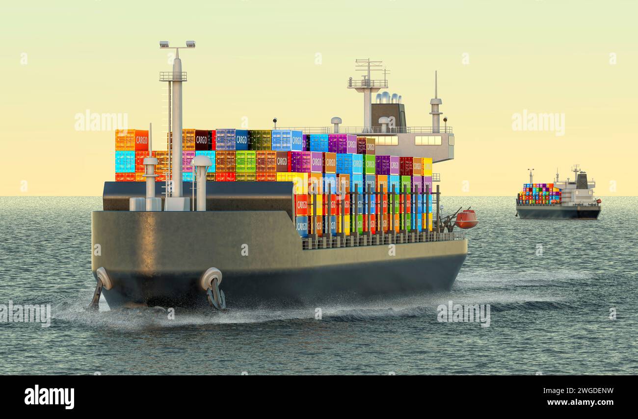 Cargo Container Ships with cargo containers sailing in ocean, view from ship. 3D rendering Stock ...