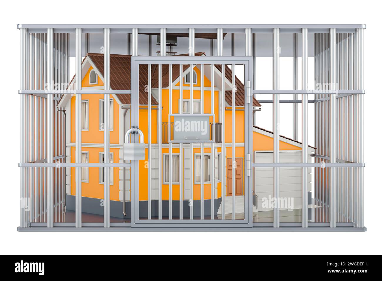 House inside cage, prison cell. 3D rendering isolated on white ...