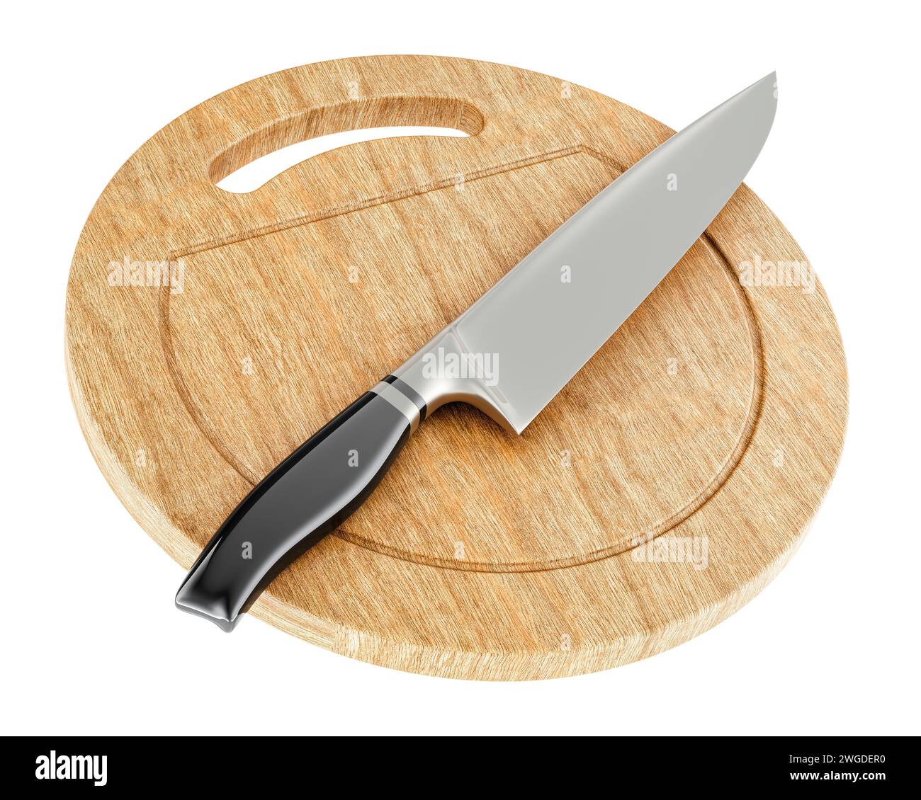 Chefs knife with wood cutting board for chopping. 3D rendering isolated ...