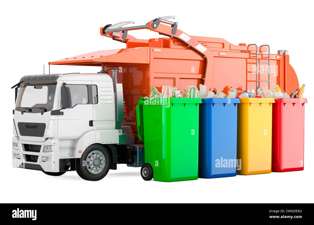 Garbage Truck with plastic garbage trash containers full of rubbish. 3D ...