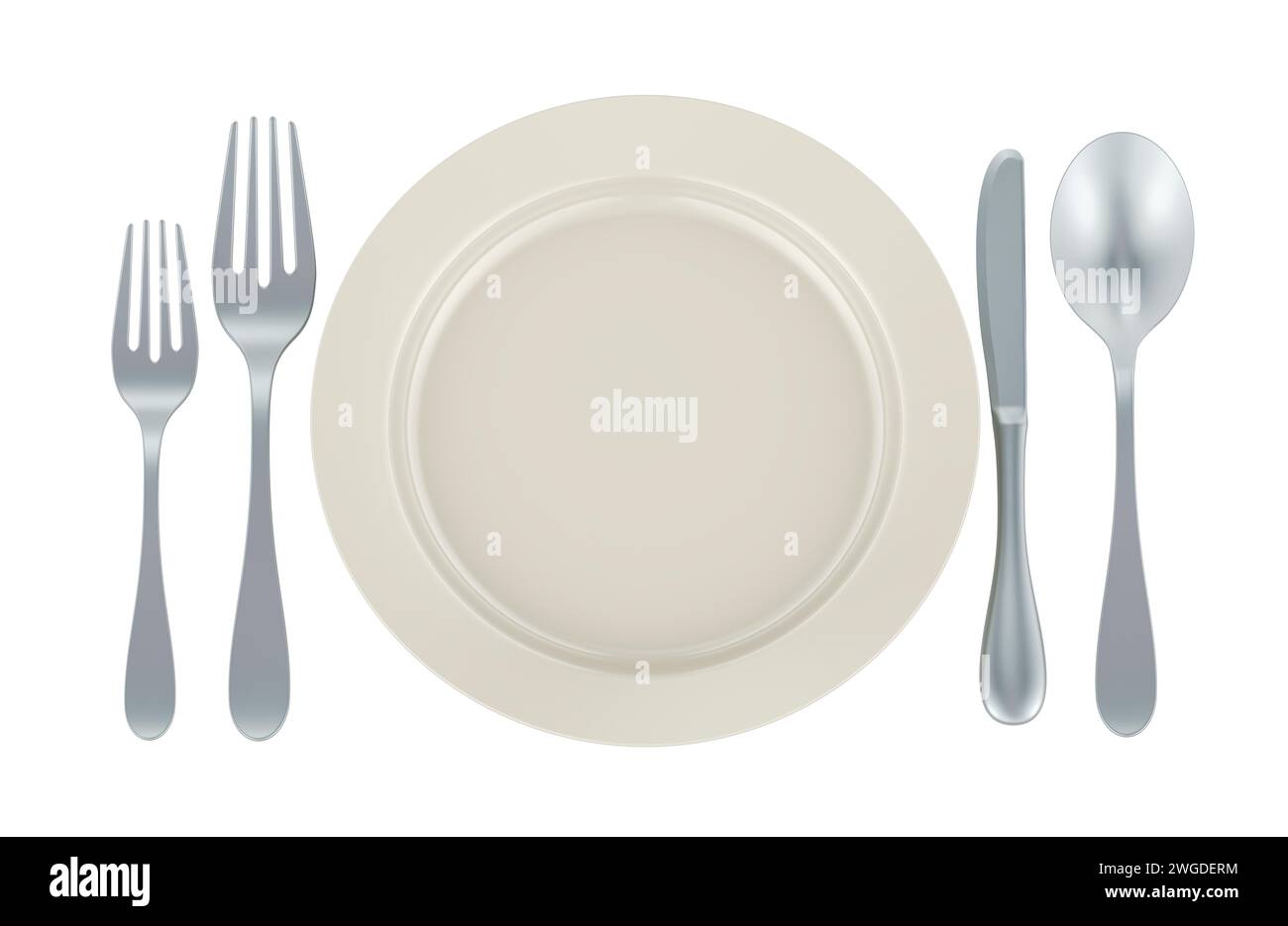 Table setting. Plate with forks spoon and knife, 3D rendering isolated ...