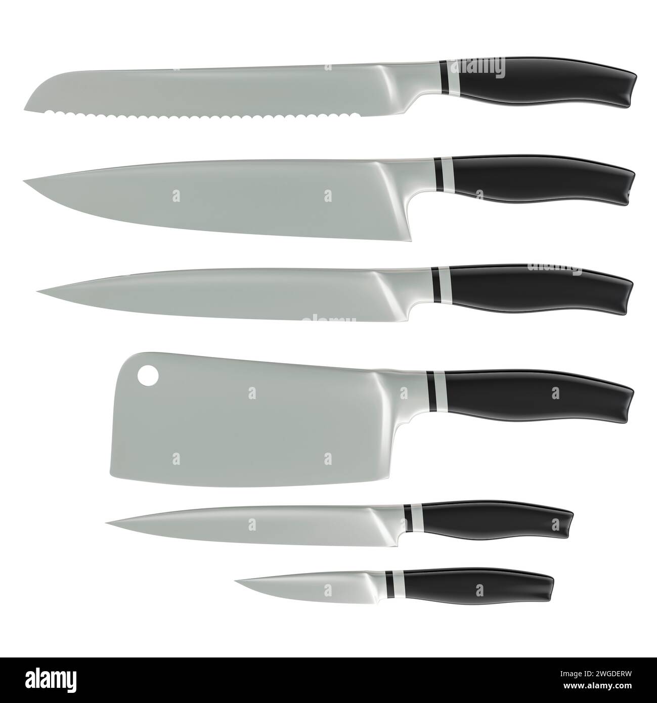 Set of kitchen knives, 3D rendering isolated on white background Stock ...