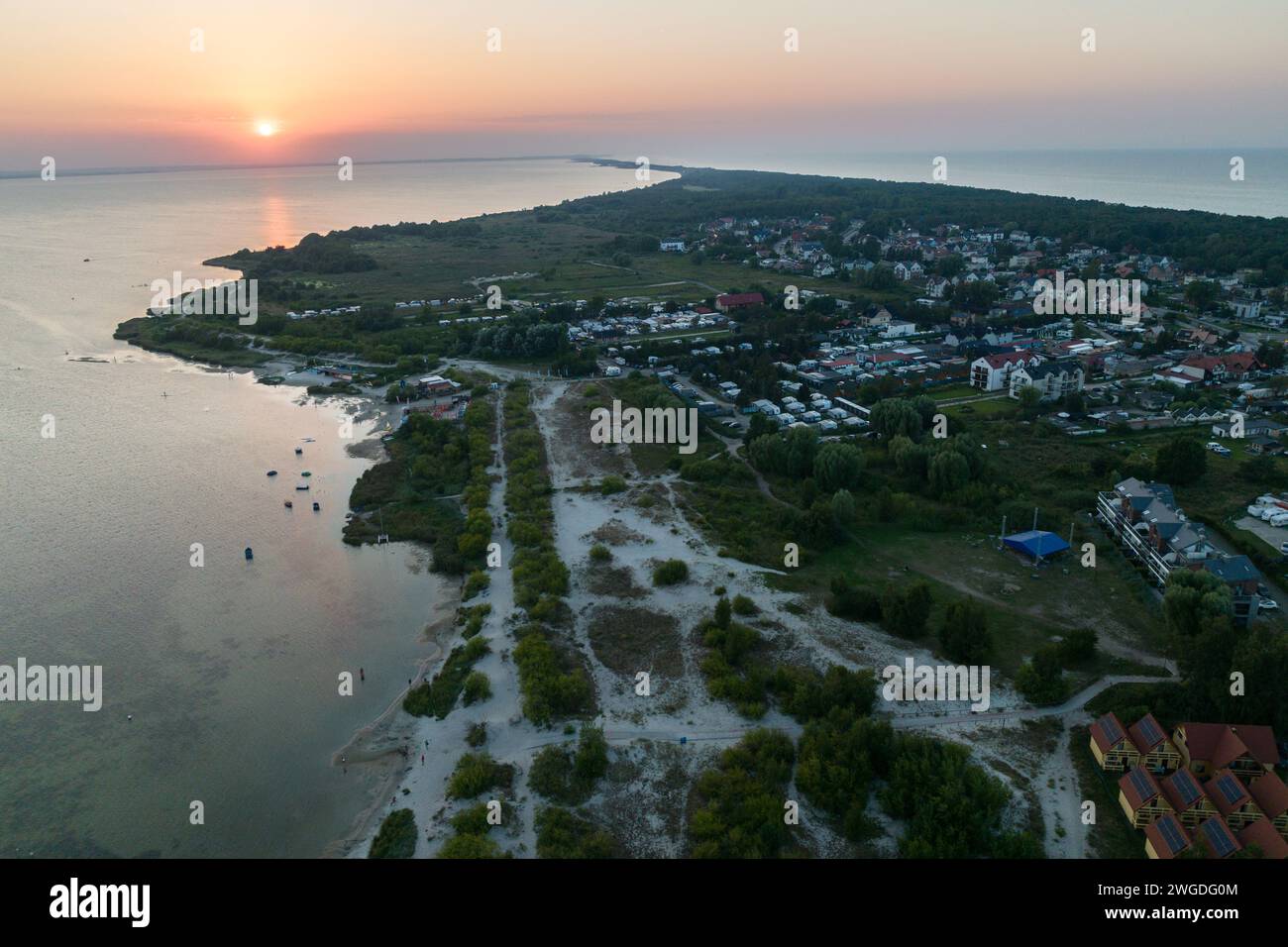 Aerial view of sunset in Hel penisula Jastarnia Puck Bay Baltic Sea ...