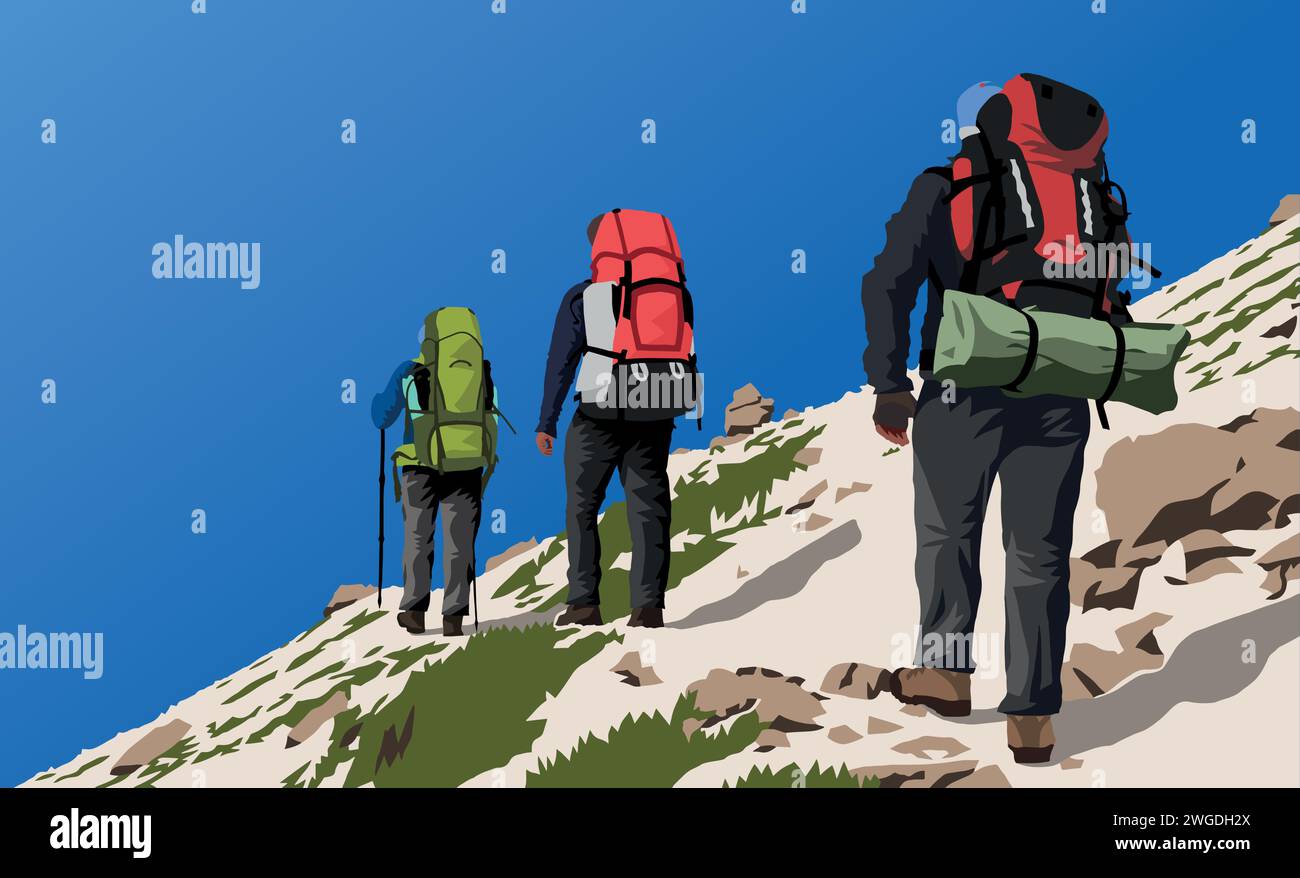 Three hikers trekkers of backpackers with a big backpacks on his back ...