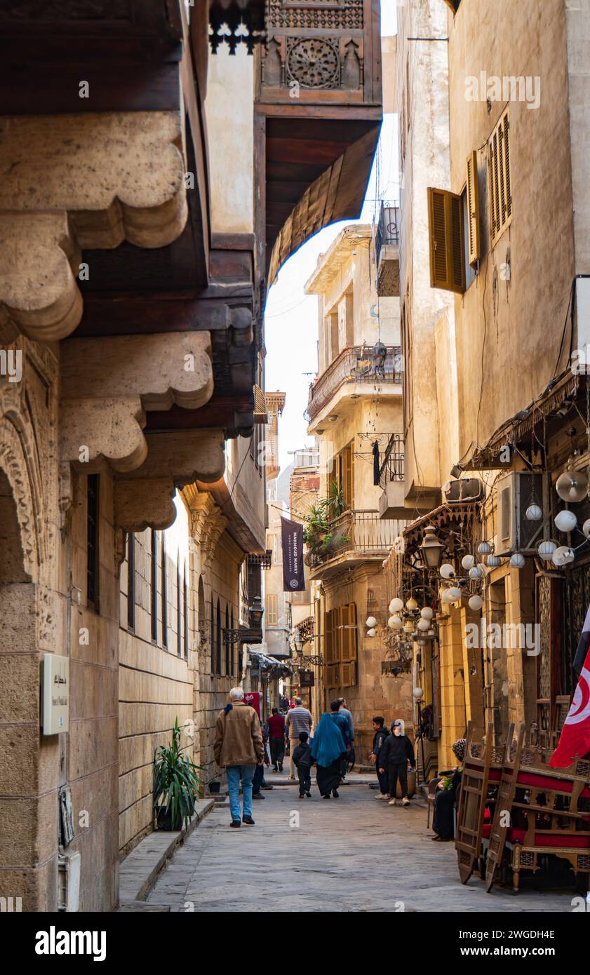 historic narrow streets and alleys in Fatamin or Medieval Cairo Stock ...