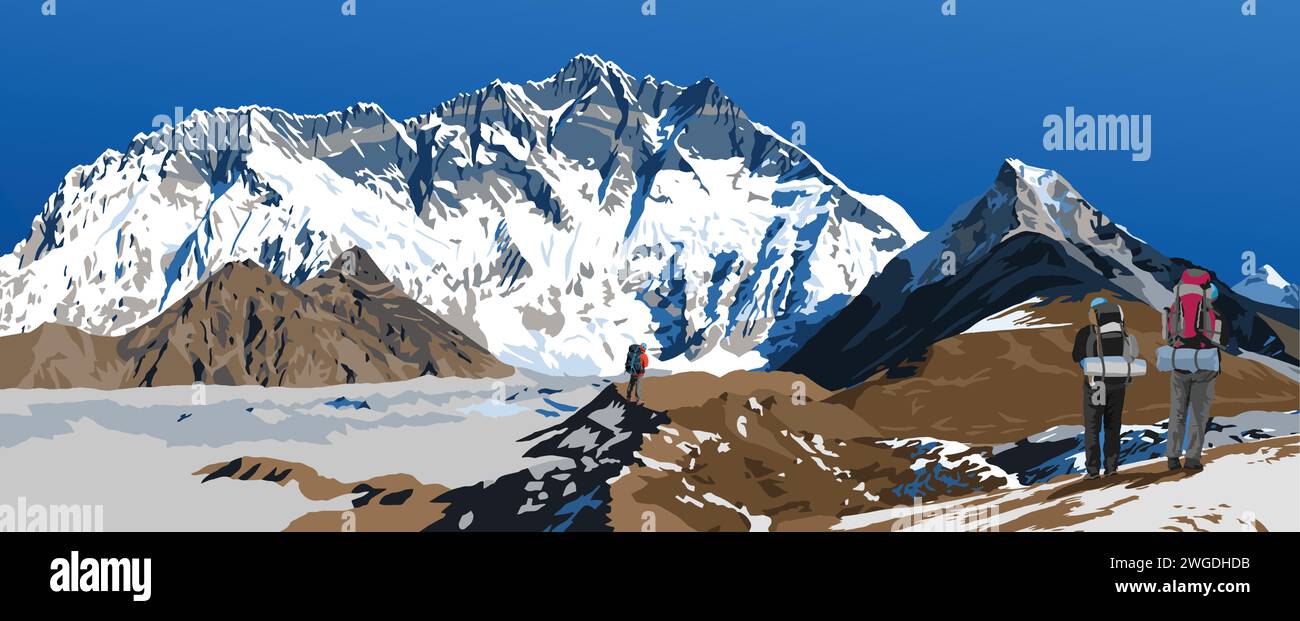 Mount Lhotse south rock face, glacier and three hikers, vector illustration, Khumbu valley ...