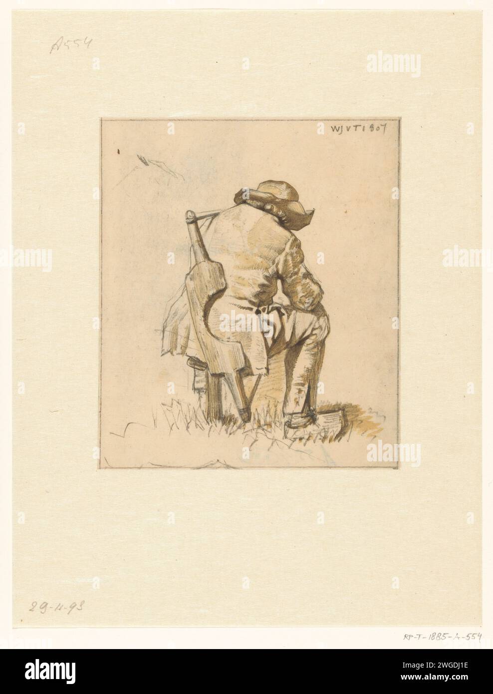 Farmer with hat sitting on a stool with bucket over the shoulder ...