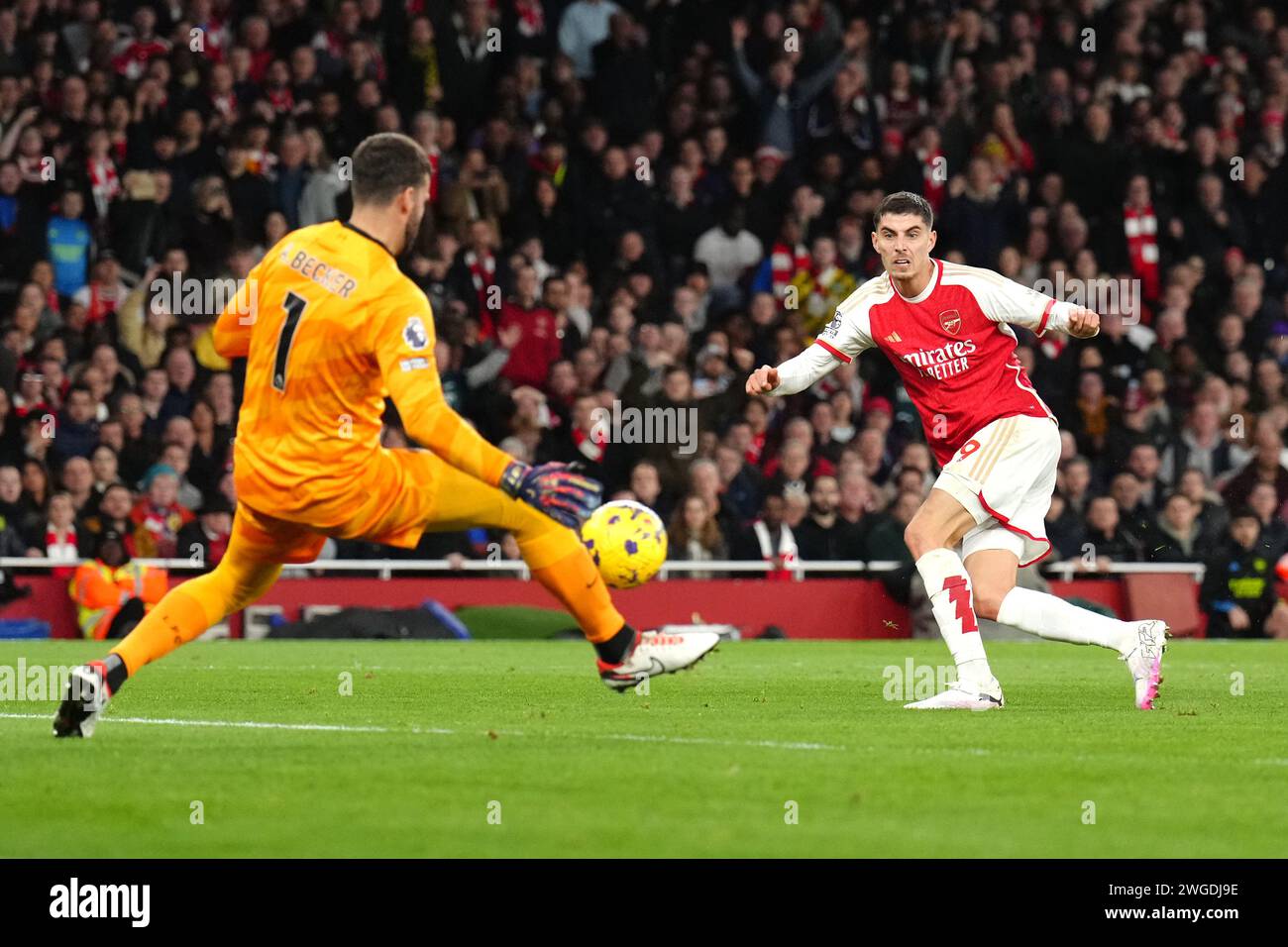 Arsenal's Kai Havertz (right) attempts a shot on goal during the ...