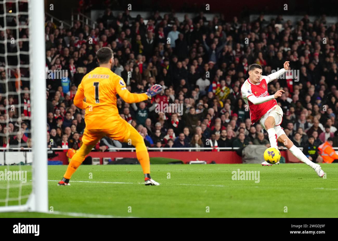 Arsenal's Kai Havertz (right) attempts a shot on goal during the ...