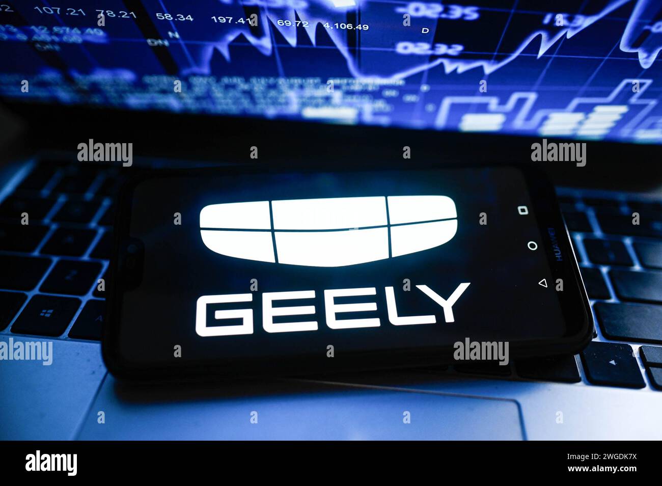In this photo illustration a Geely logo is displayed on a smartphone ...