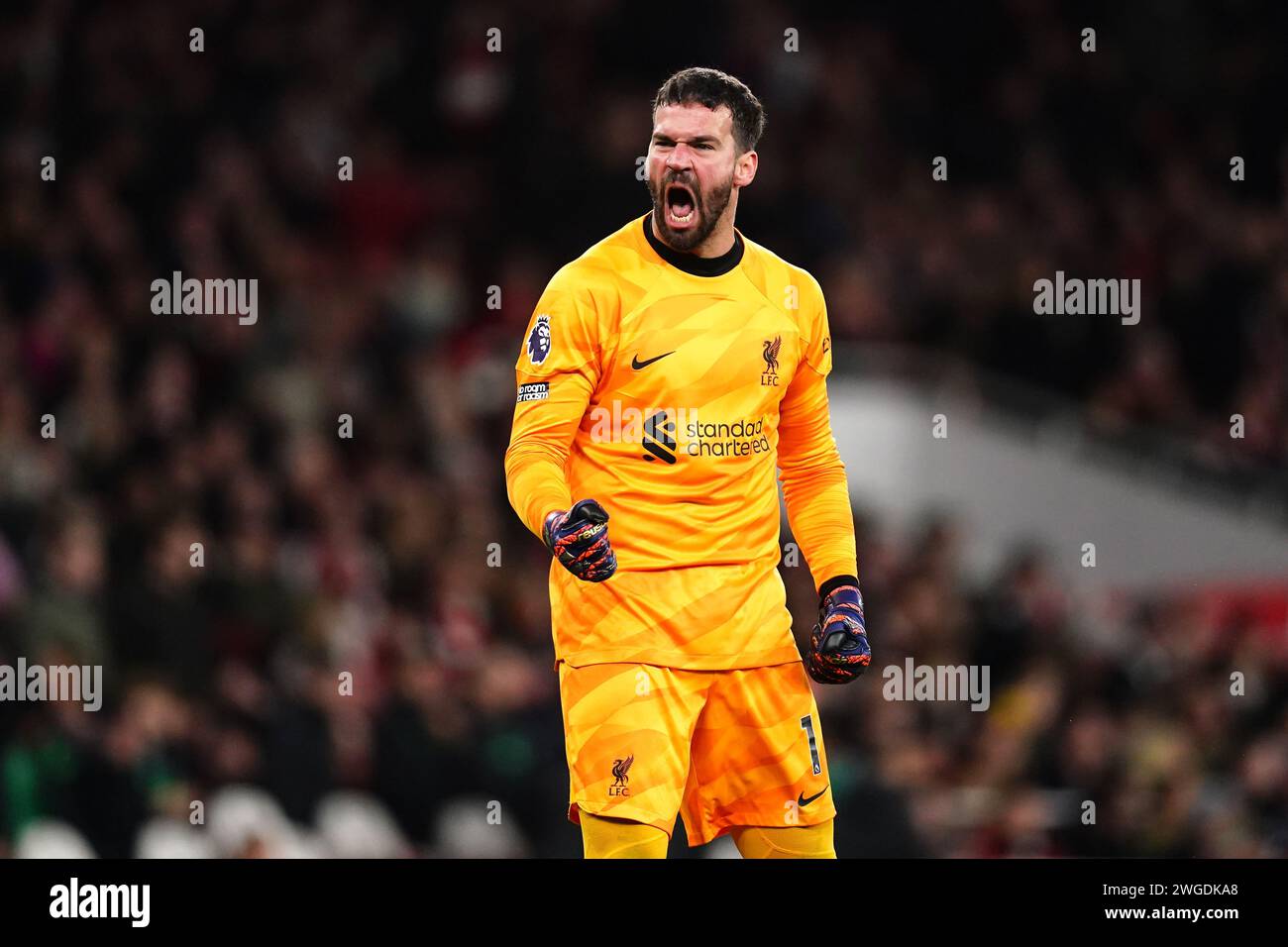 Liverpool goalkeeper Alisson Becker celebrates their side's first goal ...