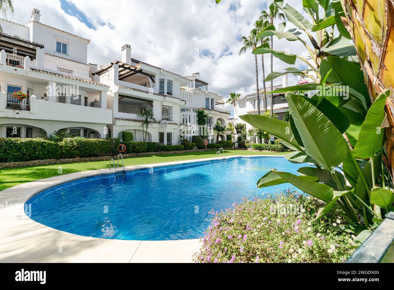 a poolside image alongside a luxury tropical community swimming pool ...