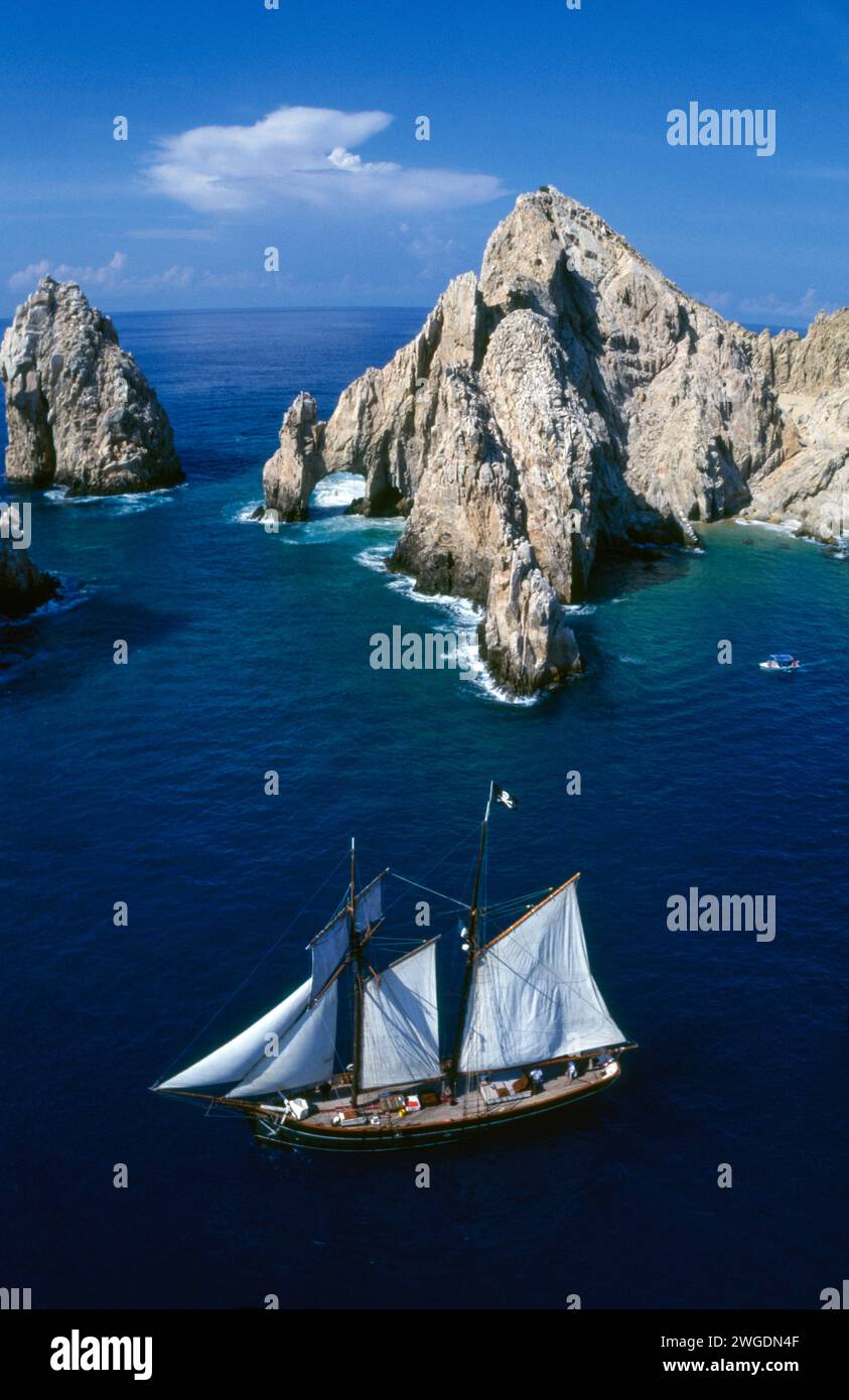 View of El Arco and the pirate ship from a parasail, Cabo San Lucas ...