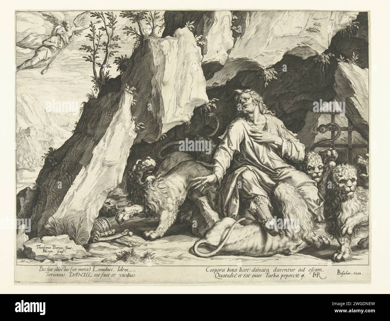 Daniël in the Leeuwenkuil, 1588 - 1592 print Daniël, with the left hand ...