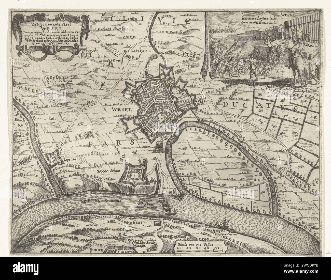 Conquest of Wesel, 1629, 1651 - 1652 print Map with the conquest of ...