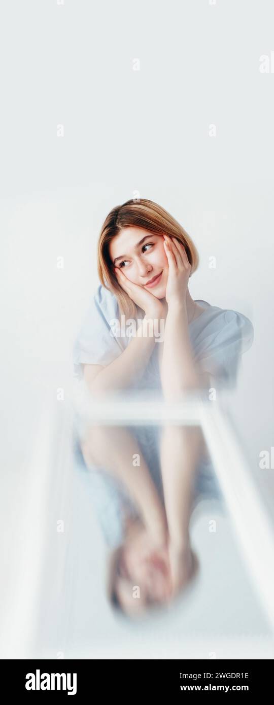 Personality disorder fake woman mirror reflection Stock Photo - Alamy