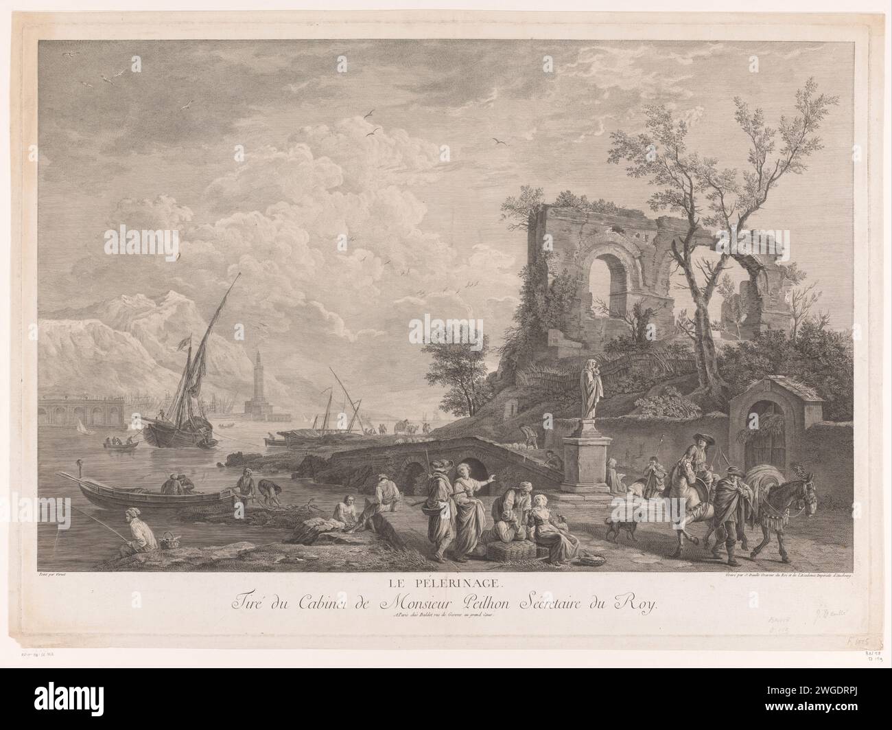 Haven with ruins and pilgrims, Jean Daullé, After Claude Joseph Vernet ...