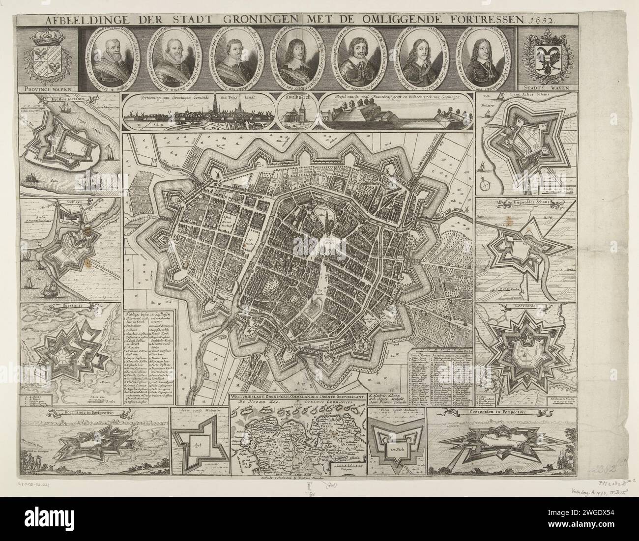 Map of Groningen, 1652, 1652 print. drawing Map of the city of Groningen. In the middle a map of ...