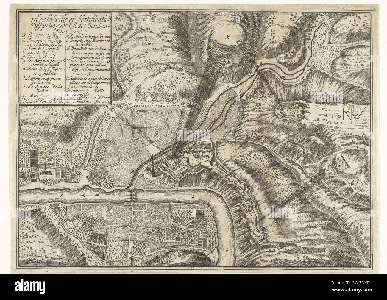 Map of shelling and intake of Huy, 1703, 1703 print Map with the ...