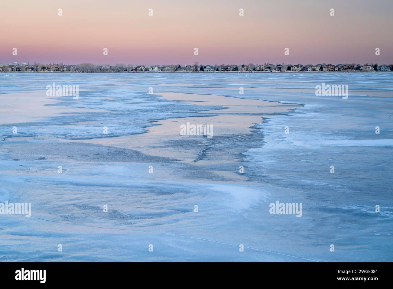 dusk over frozen lake in Colorado - Boyd Lake State Park Stock Photo ...