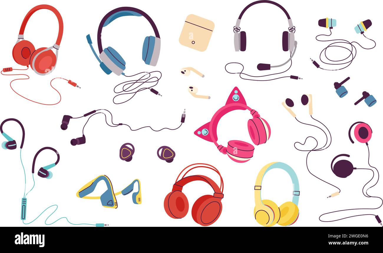 Headphones. Cartoon headphone, audio wireless and wired equipment ...
