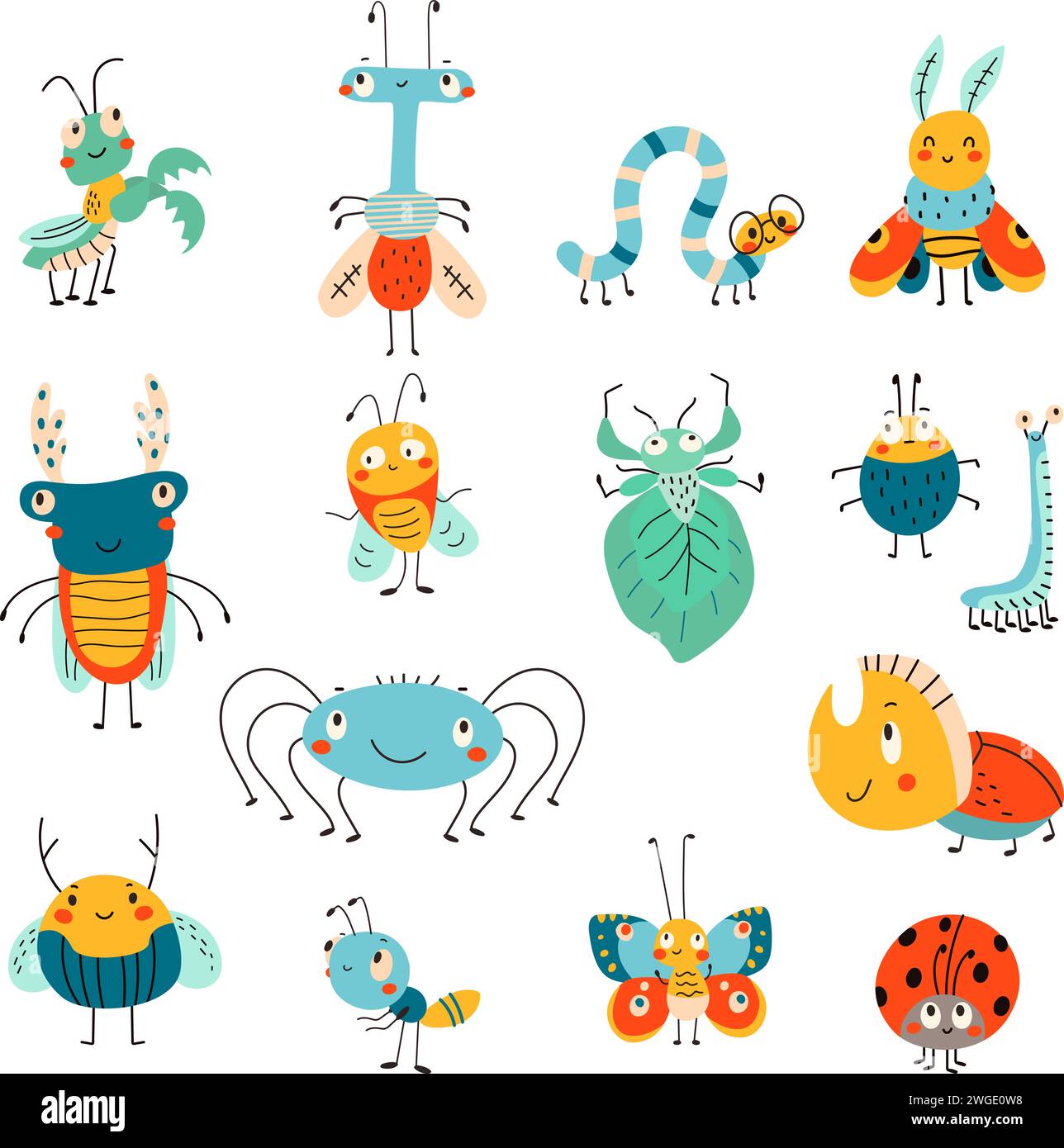 Cute insects doodle style. Isolated beetle and worm, snail and ...