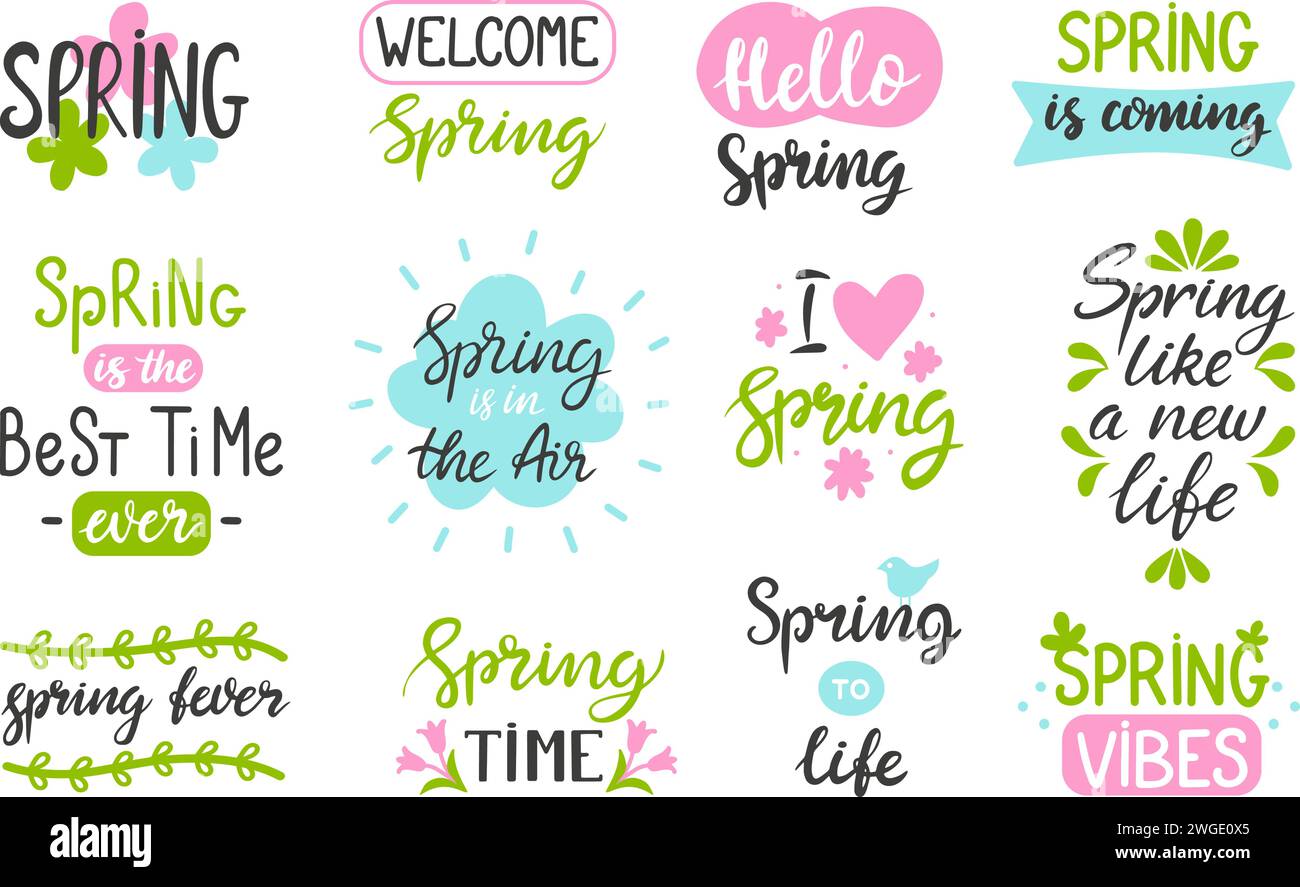 Spring lettering. Seasonal calligraphy quotes for postcards, posters ...