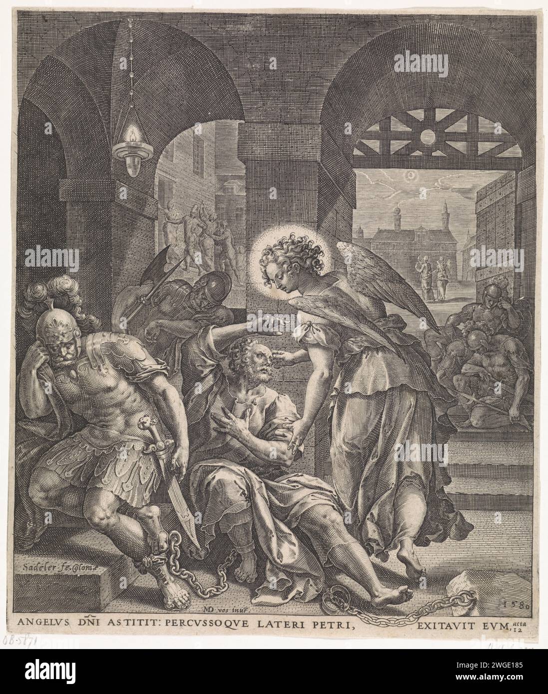 Peter is liberated from prison by the angel, Johann Sadeler (I), After ...